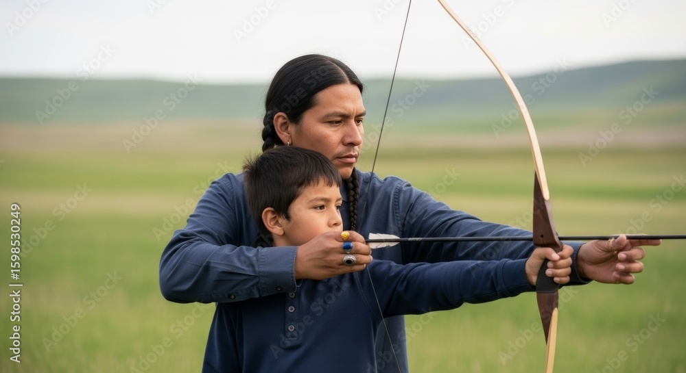 Indigenous father instructing young boy in traditional bow and arrow ...