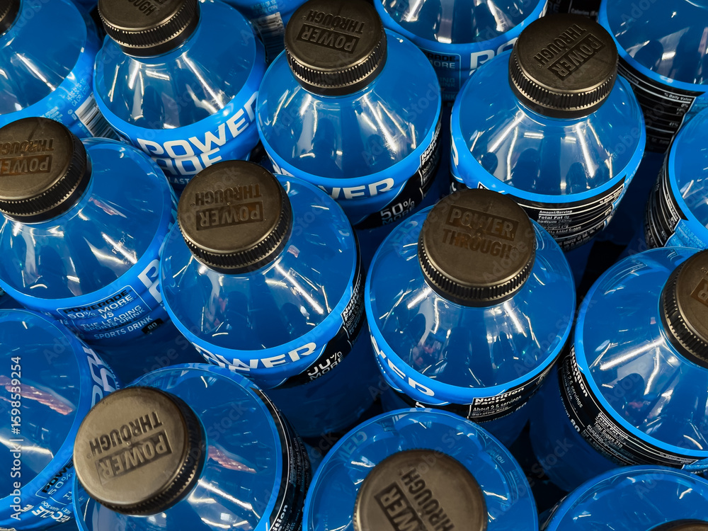 ATLANTA, GEORGIA - JULY 21 2025 : Powerade blue drink bottles on ...