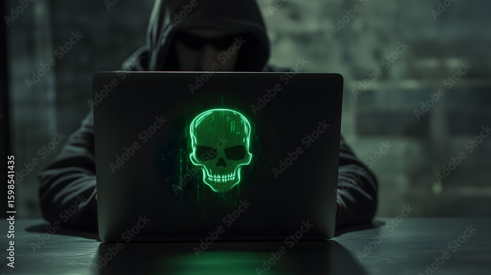 Hooded hacker wearing sunglasses intently working on a laptop ...
