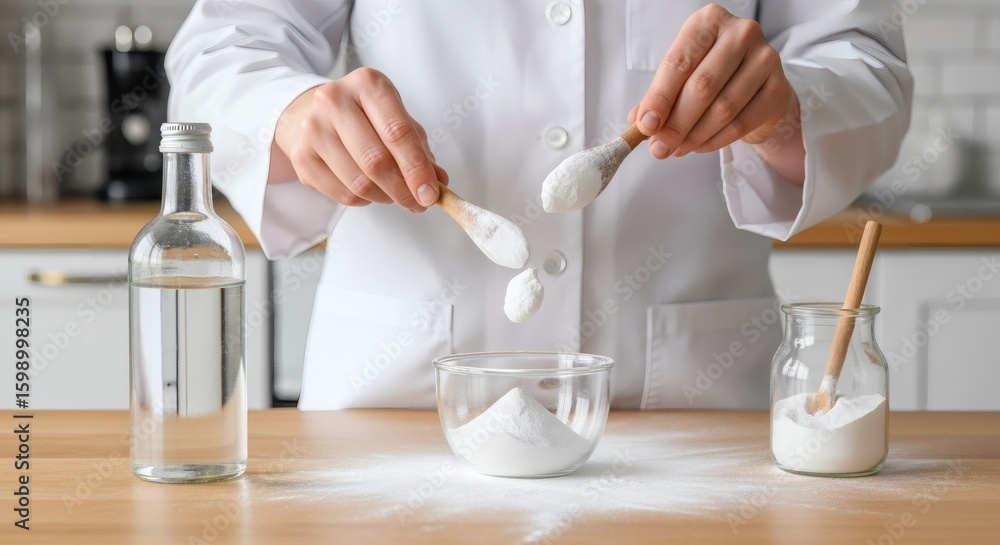 Person in lab coat carefully adds baking soda and vinegar to a glass ...