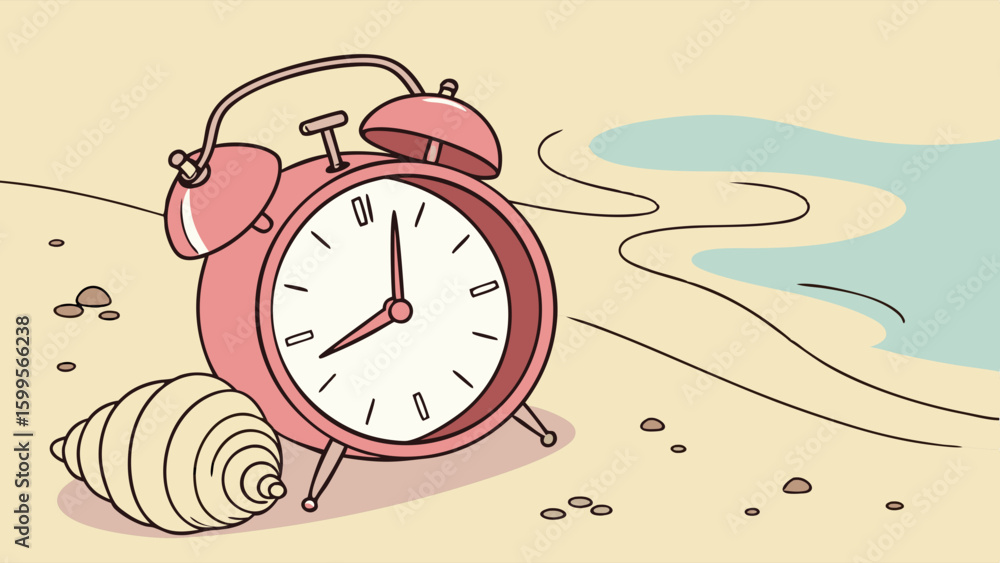 Pink Alarm Clock and Seashell on a Beach Illustration. Stock Vector ...