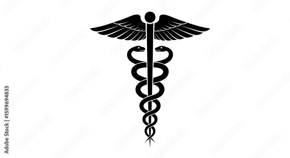 Caduceus medical symbol, black and white graphic illustration of the ...