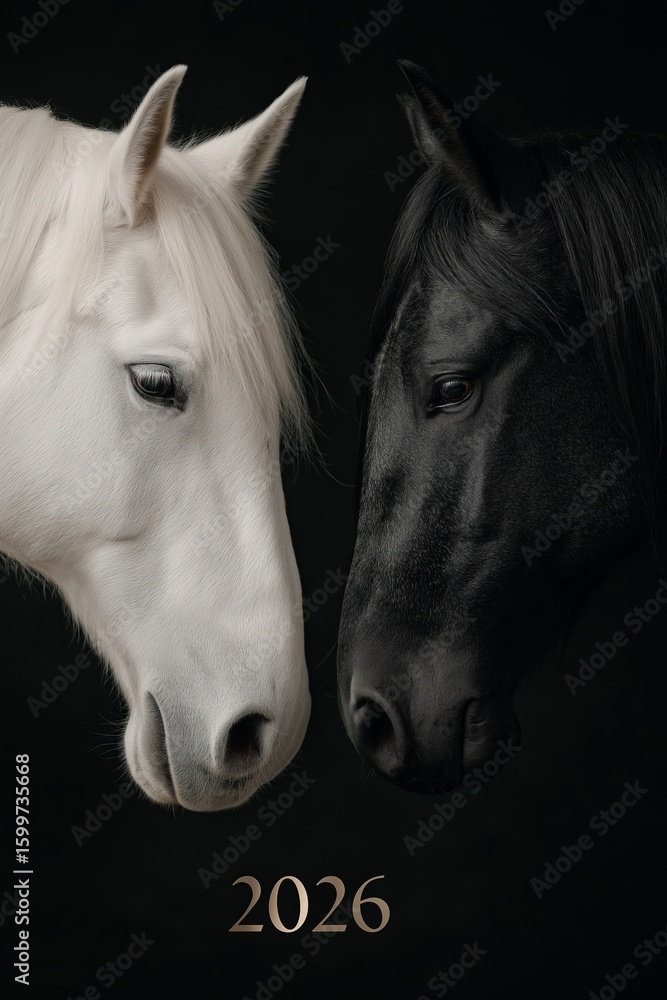 Celebrating the lunar new year of the horse in 2026 with a symbol of unity between black and ...