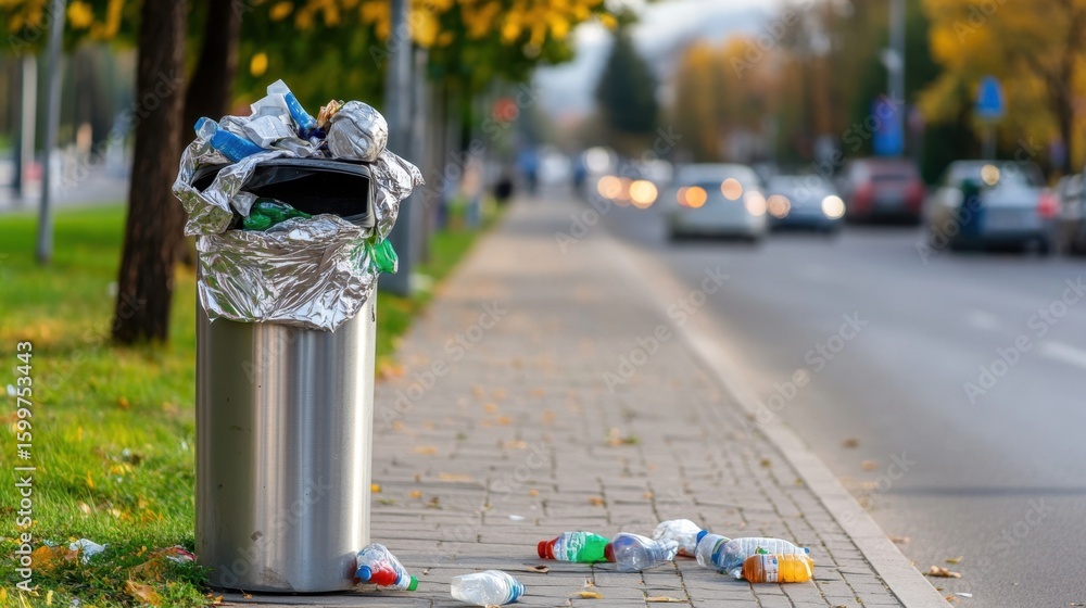Overflowing urban trash bin with foil and plastic wrappers littering ...