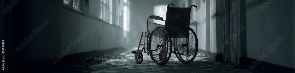 Rusty wheelchair in lifeless white corridor under flickering lighting ...