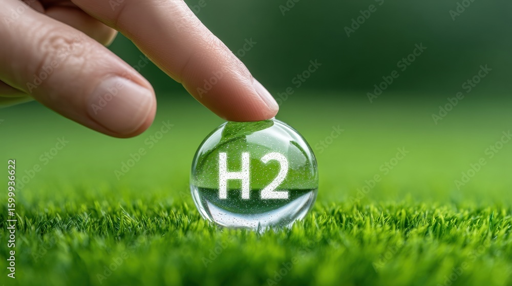 Green hydrogen infrastructure. A hand gently touches a clear sphere ...