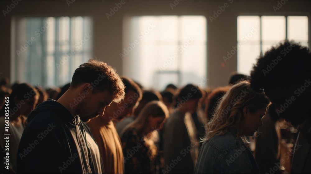 Diverse group of people praying and worshiping together in a church or ...