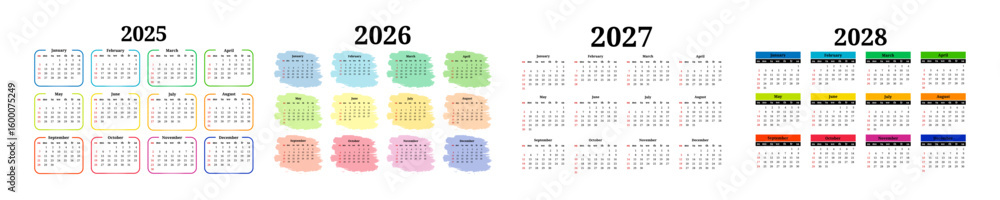 Set of calendars for 2025, 2026, 2027 and 2028 on a white background ...