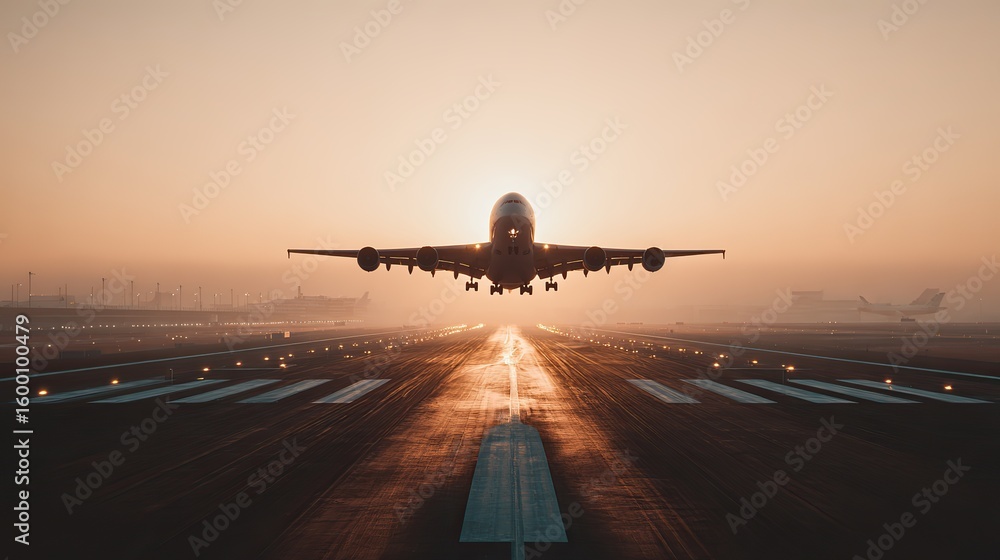 High-resolution image of airplane taking off above runway with strong ...