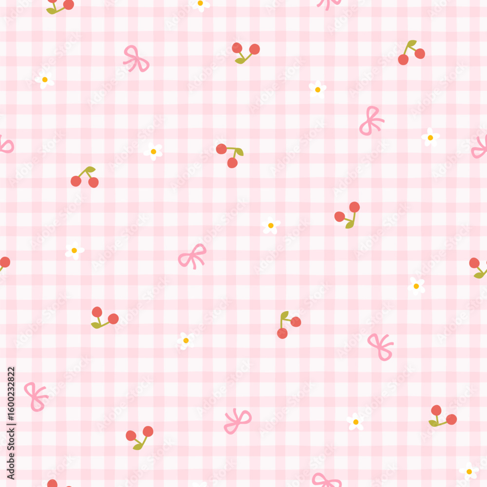 Preppy cherry small flowers and bows seamless pattern on a checkered ...