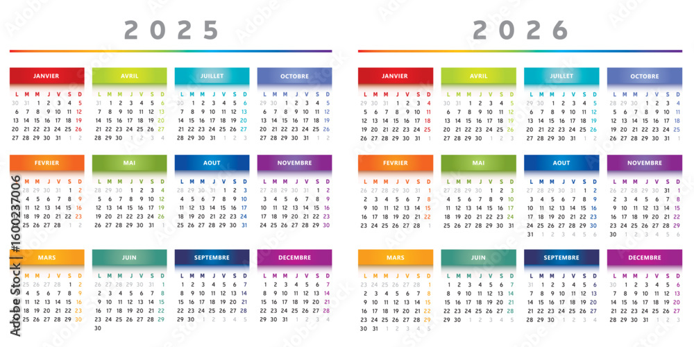 Calendrier 2025 et 2026 en Français - Couleurs Arc-en-Ciel Format 4 ...