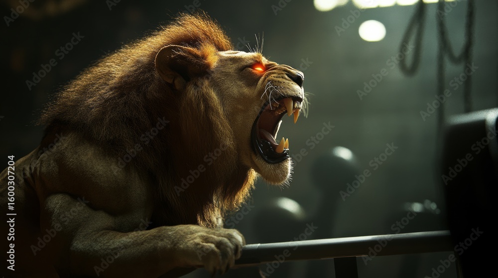 male lion with ripped physique performing bench press, roaring, glowing ...