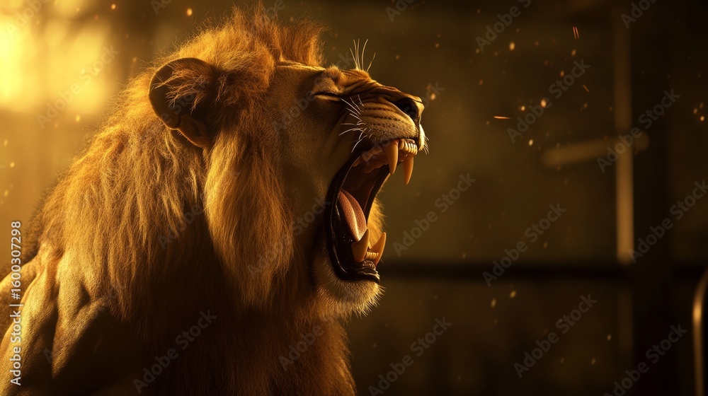 male lion with ripped physique performing bench press, roaring, glowing ...