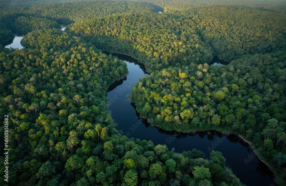 Aerial view of Amazon rainforest featuring winding black water rivers ...