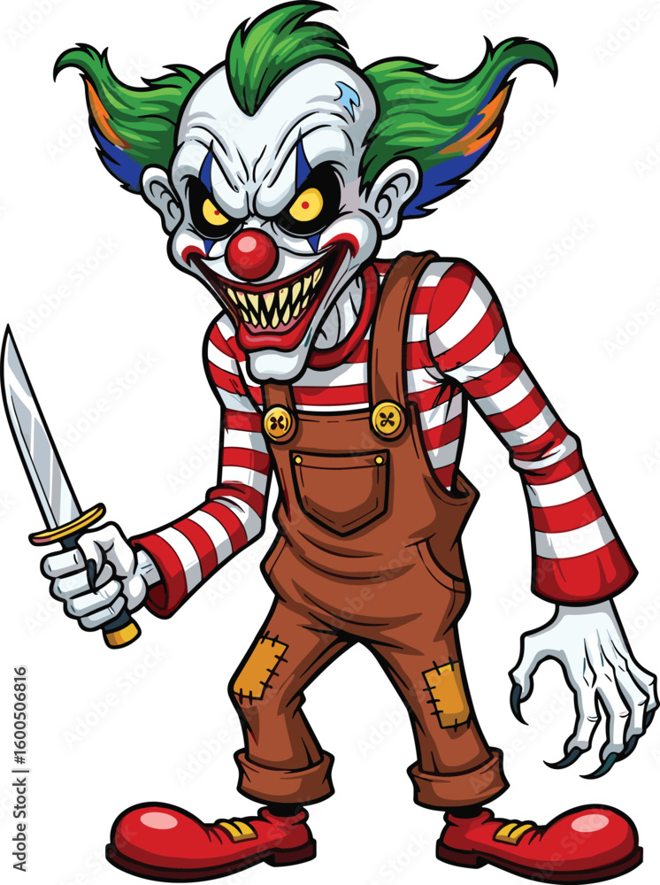 Scary evil clown with knife, horror cartoon character, creepy costume ...