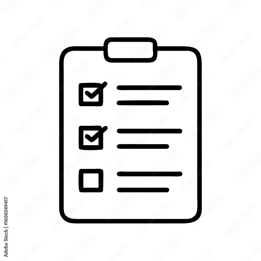Checklist on clipboard with check marks and empty box in black and ...
