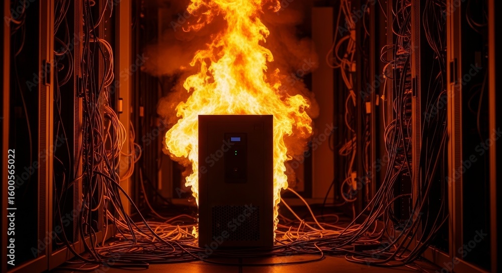 Server Room Fire Emergency - A raging fire engulfs a server in a data ...