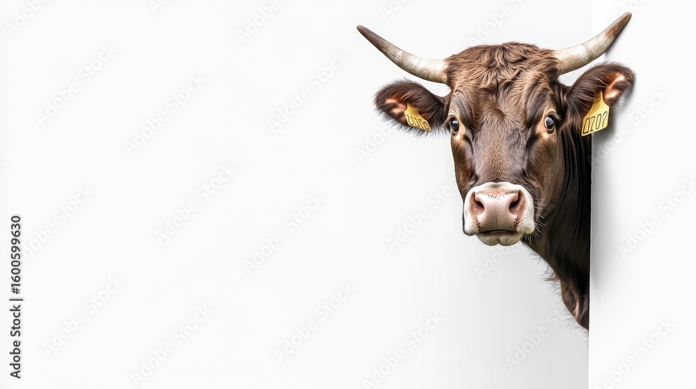 Curious Cow Peeking Around Corner - A brown cow with horns playfully ...