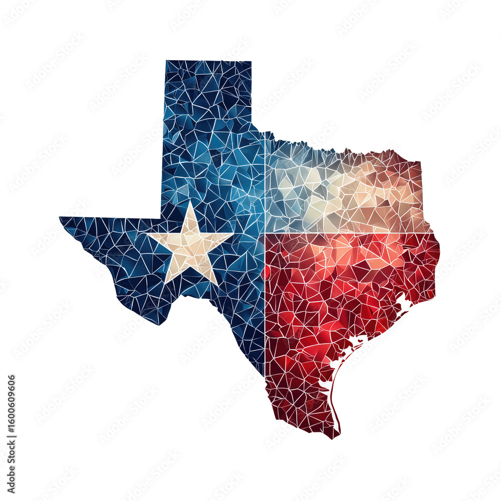 Distinctive Texas state map filled with a digital blend of the iconic ...