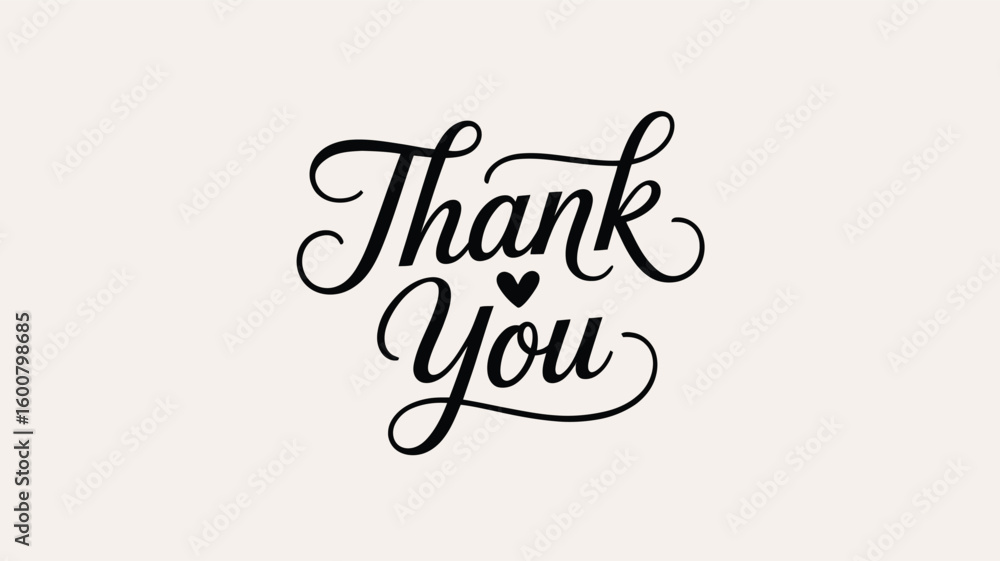 Elegant “Thank You” Script with Heart Motif — Black Cursive Typography ...
