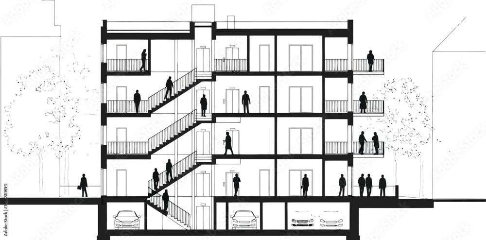 Architectural cross section drawing of a modern building with multiple ...