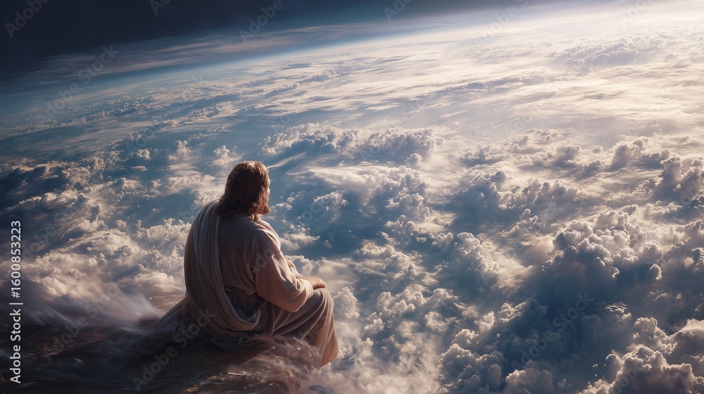 Jesus creates the world while observing the skies and clouds from above ...