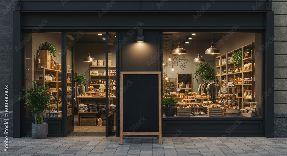 A bakery shop with a dark facade, displaying various baked goods and ...