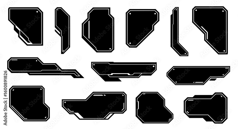 A set of isolated black futuristic panels and frames. Collection of ...