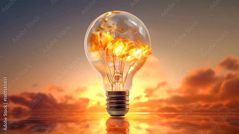 Glowing light bulb floating in the sunset sky as a symbol of creativity ...