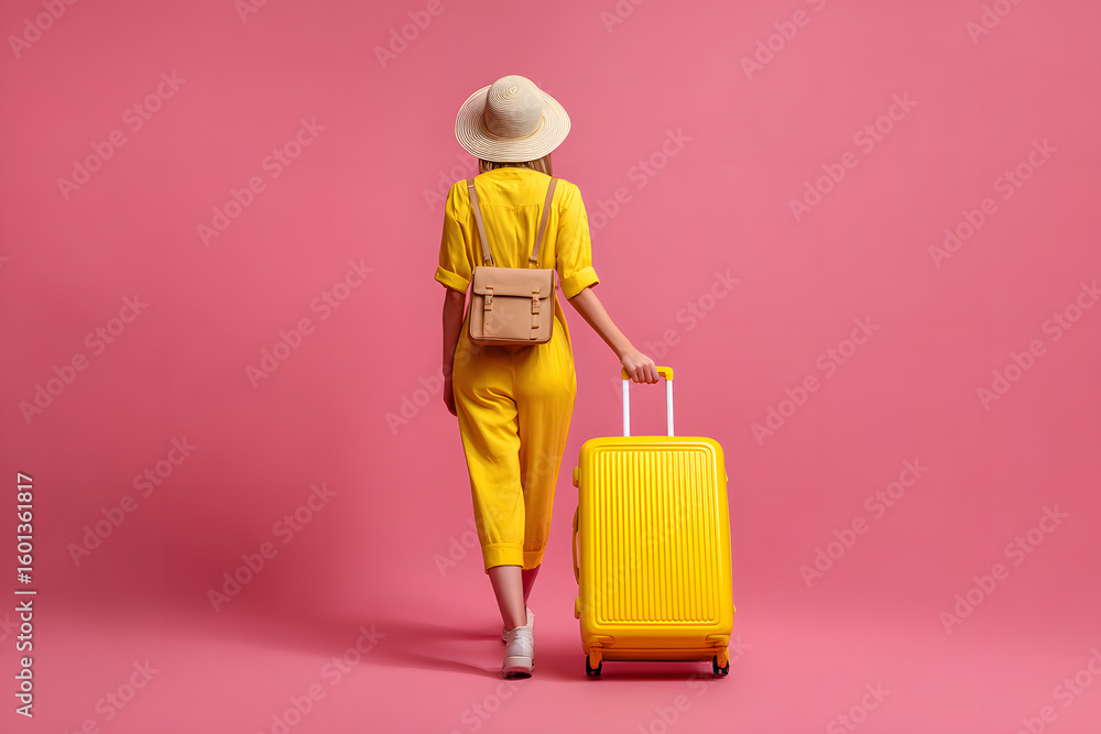 Back view of unrecognizable woman backpacker walking with yellow ...