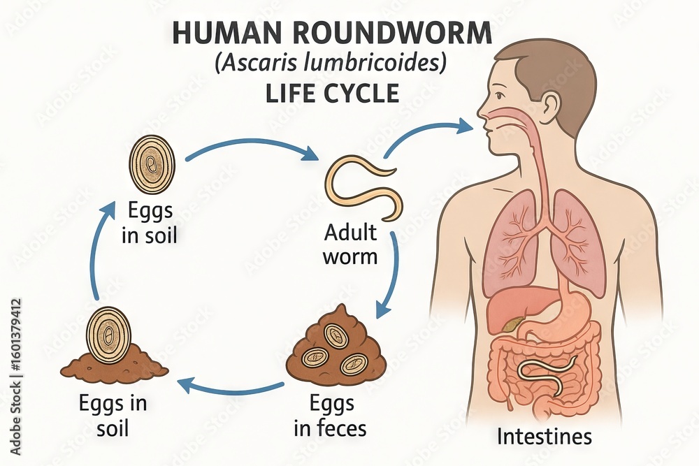 Human roundworm ascaris lumbricoides life cycle diagram illustrating ...
