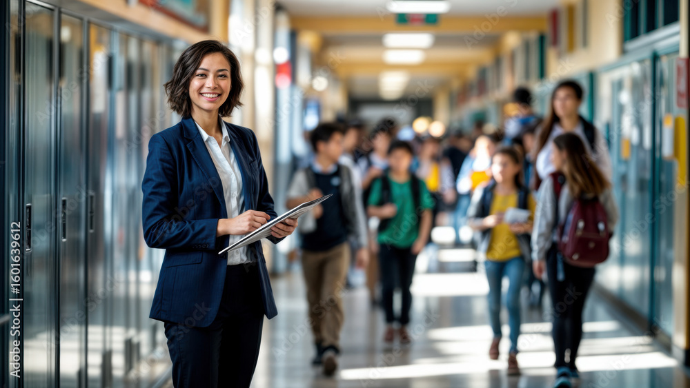 Stock-Foto „Smiling school principal or teacher standing in hallway ...