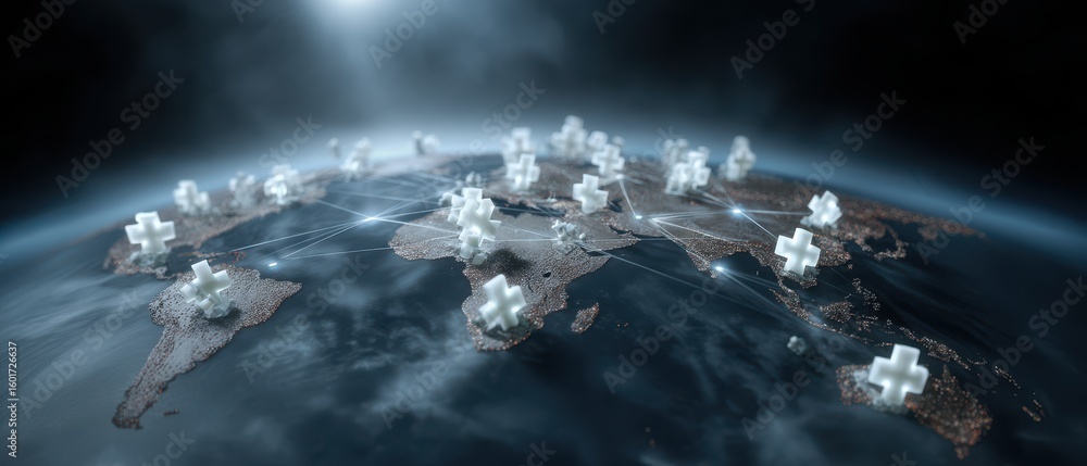 Global health network: medical symbols connecting worldwide for ...