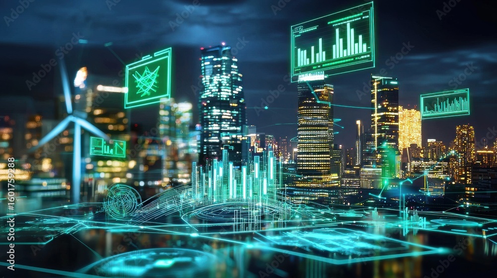 A vibrant high tech city skyline at night featuring towering ...