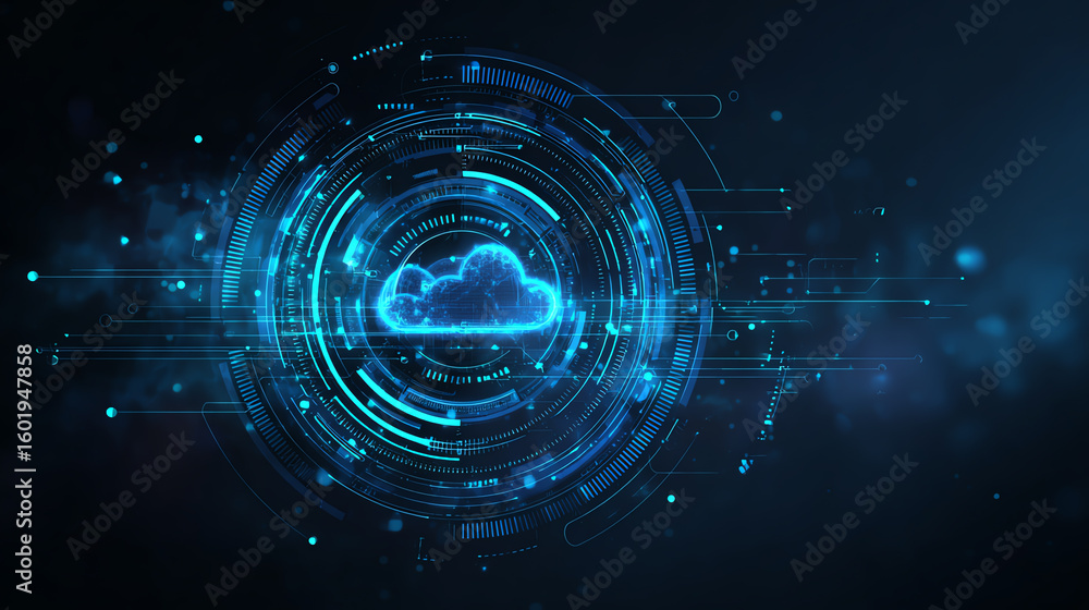 Futuristic cloud computing concept showcasing digital connections and data flow in a vibrant ...