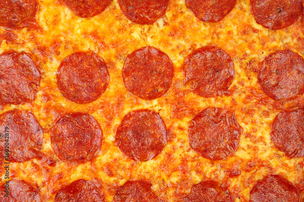 Baked spicy pepperoni and cheese pizza background texture detail Stock ...