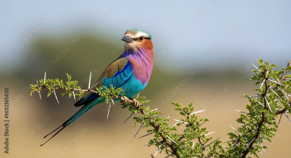 Colorful bird with iridescent plumage perched on thorny desert branch ...