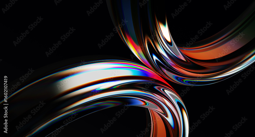 3d iridescent liquid glass ribbon wave line with neon rainbow light ...