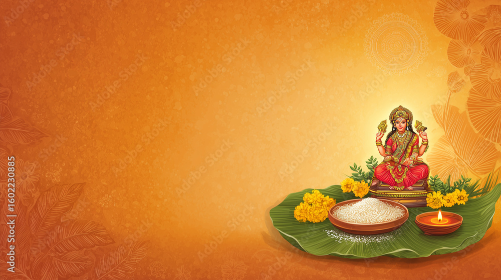 Traditional Manabasa Gurubar celebration banner, goddess Lakshmi idol ...