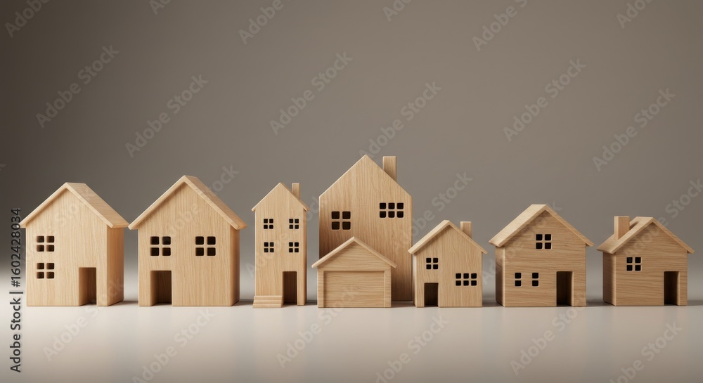 Row of stylized wooden houses of varying sizes and designs stand ...