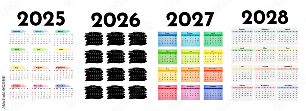 Set of calendars for 2025, 2026, 2027 and 2028 on a white background ...