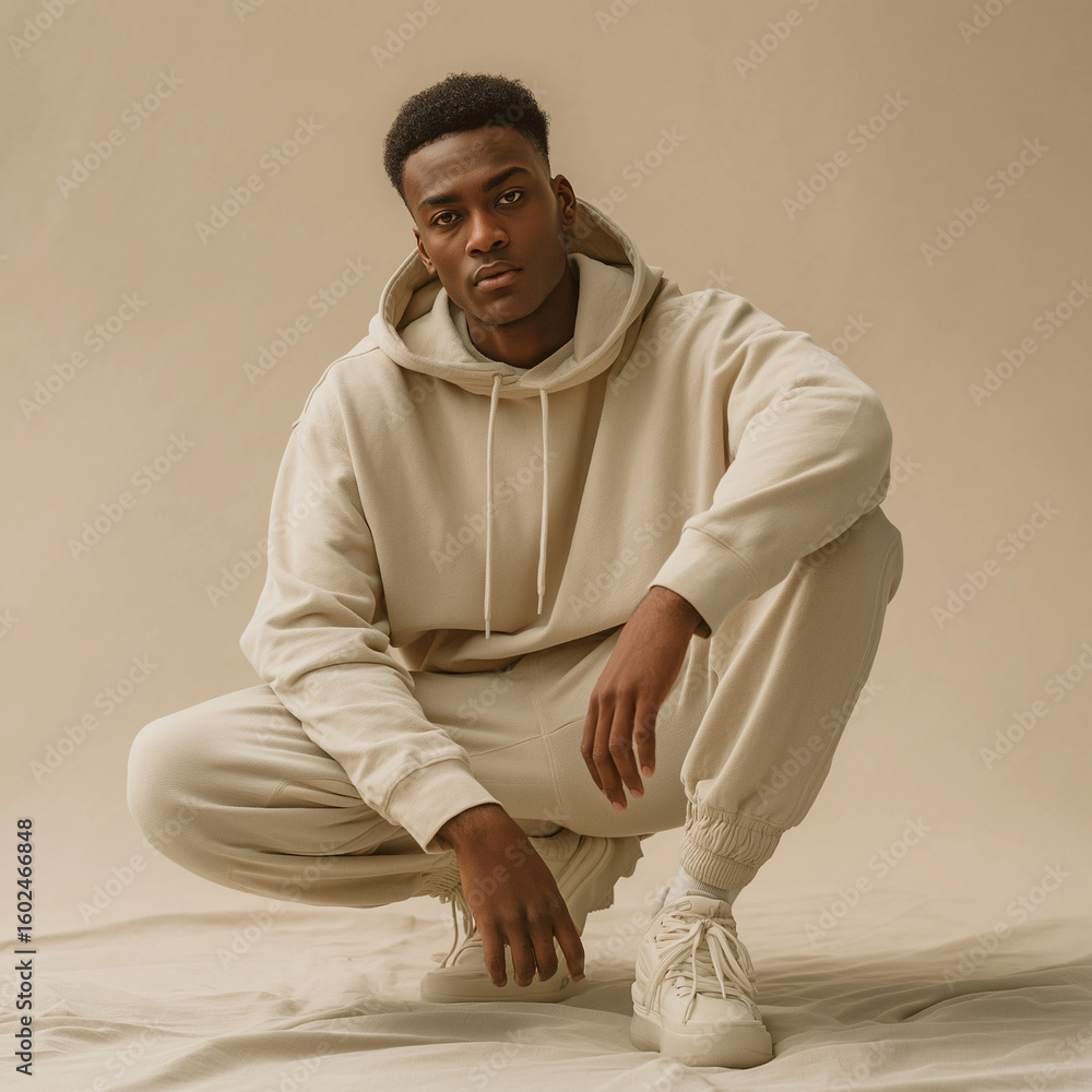 Black man poses confidently in a monochromatic beige hoodie and jogger ...