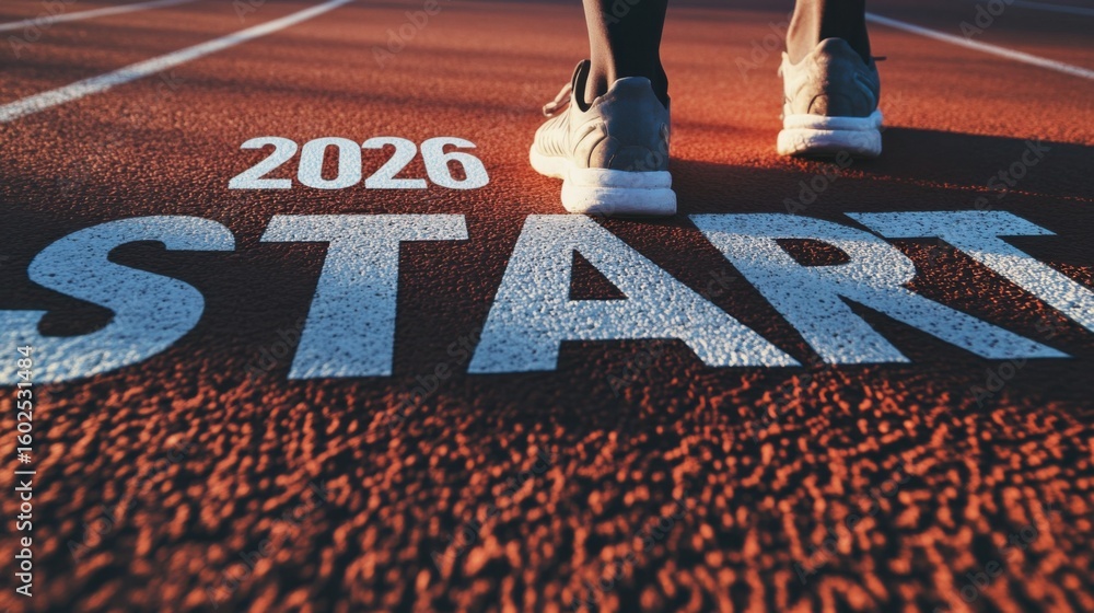 Runner at 2026 starting line on track Stock Photo | Adobe Stock