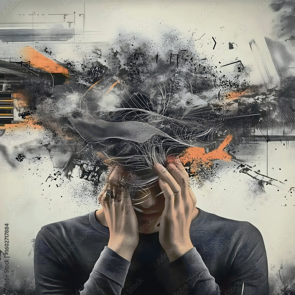 Overthinking, restlessness and burnout. Modern, conceptual illustration ...