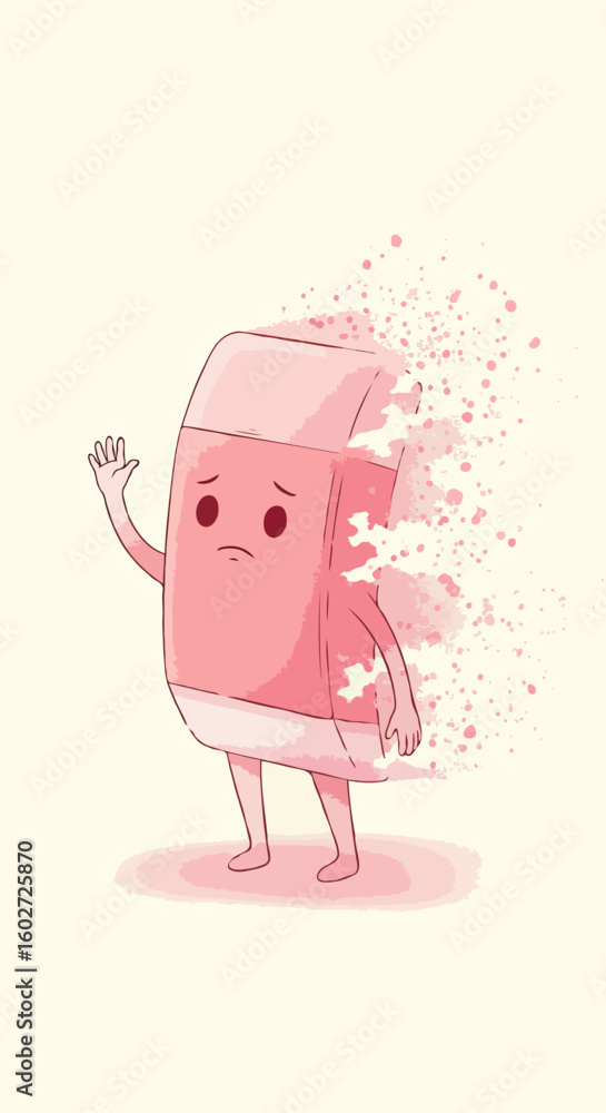Sad eraser character waving goodbye as it fades away slowly Stock ...