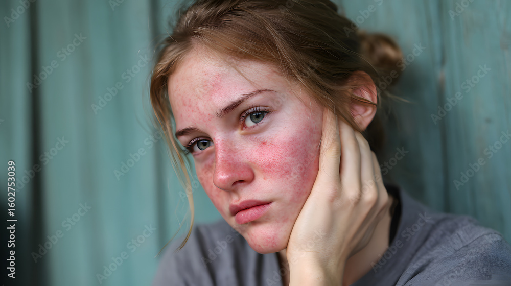 Young caucasian girl with allergic reaction due to bee sting on her ...