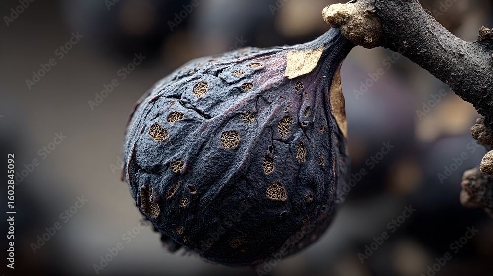 Ultra-realistic portrayal of a shriveled fig in advanced decay ...