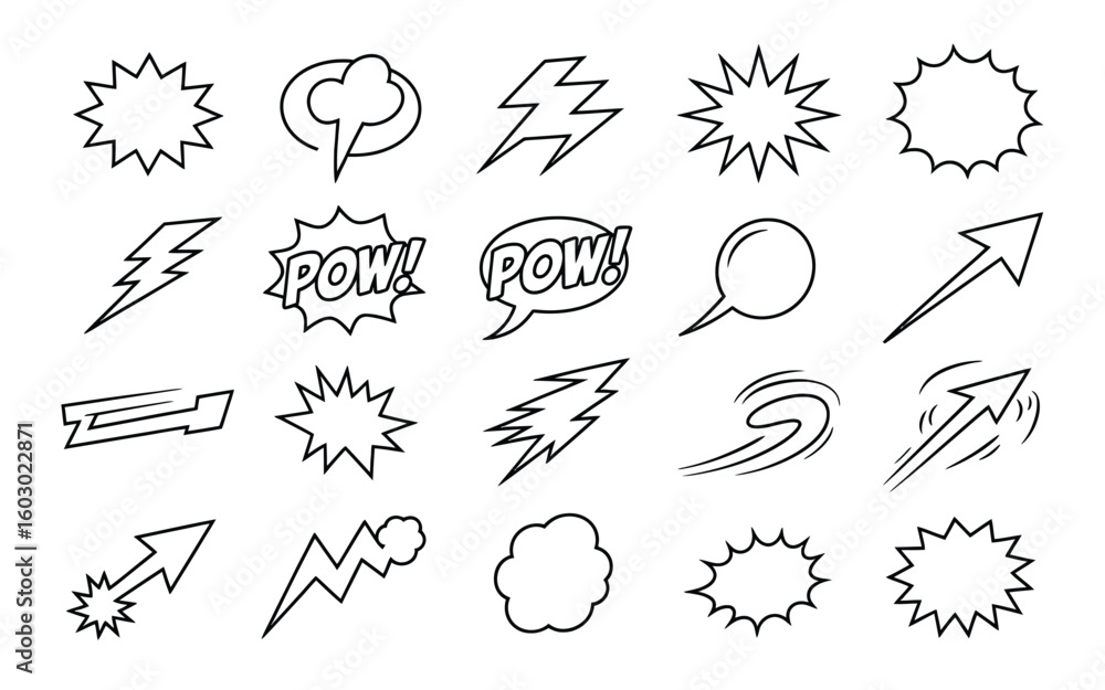 Comic Book Style Line Art Speech Bubbles and Sound Effect Icons: Pow ...