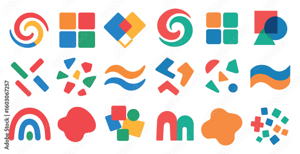 Collection of colorful shapes and designs, including squares, triangles ...