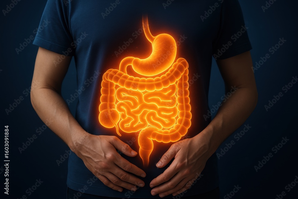Ilustrace Human digestive system anatomical: a glowing diagram ...